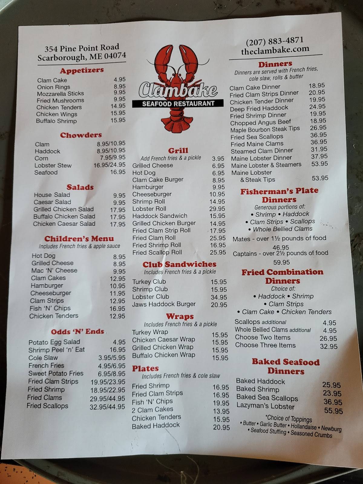 Menu at Clambake Seafood Restaurant, Scarborough, 354 Pine Point Rd