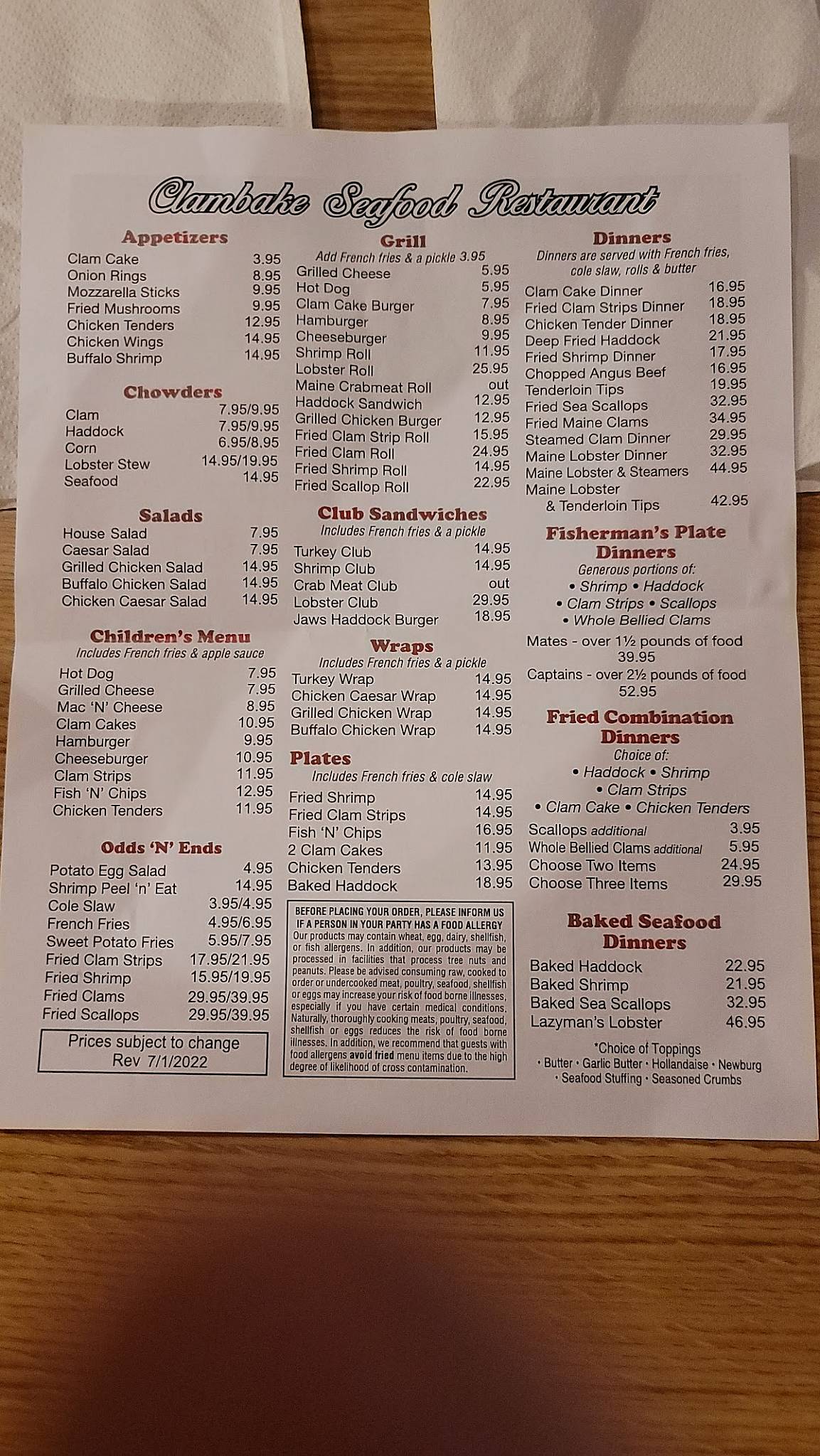 Menu at Clambake Seafood Restaurant, Scarborough, 354 Pine Point Rd
