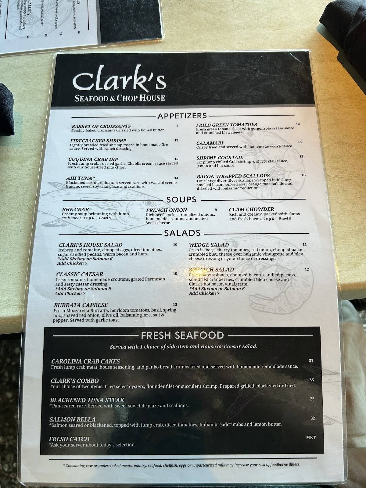 Menu at Clark's Seafood and Chop House pub & bar, Little River, 720 US-17