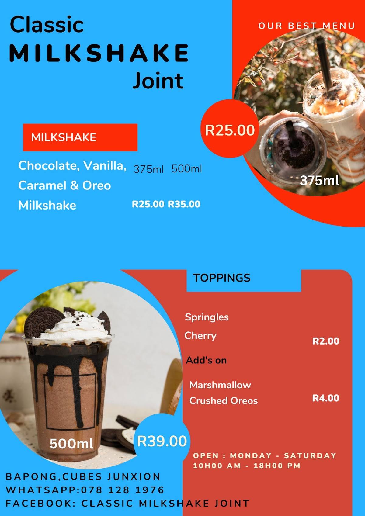 Menu at Classic Milkshake Joint desserts, South Africa