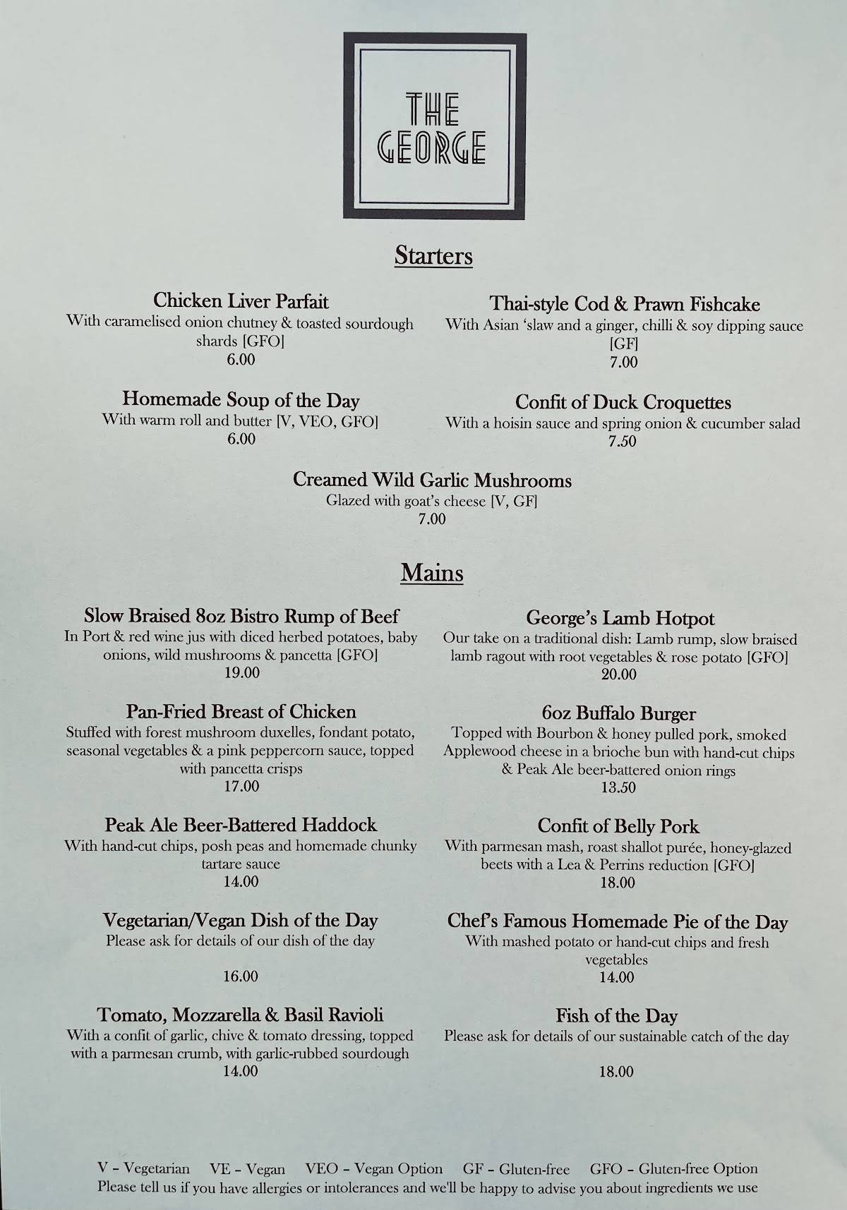 Menu at The George restaurant, North Wingfield