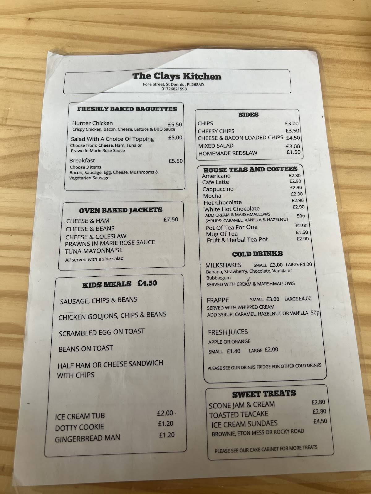Menu at Clays Kitchen cafe, Saint Dennis