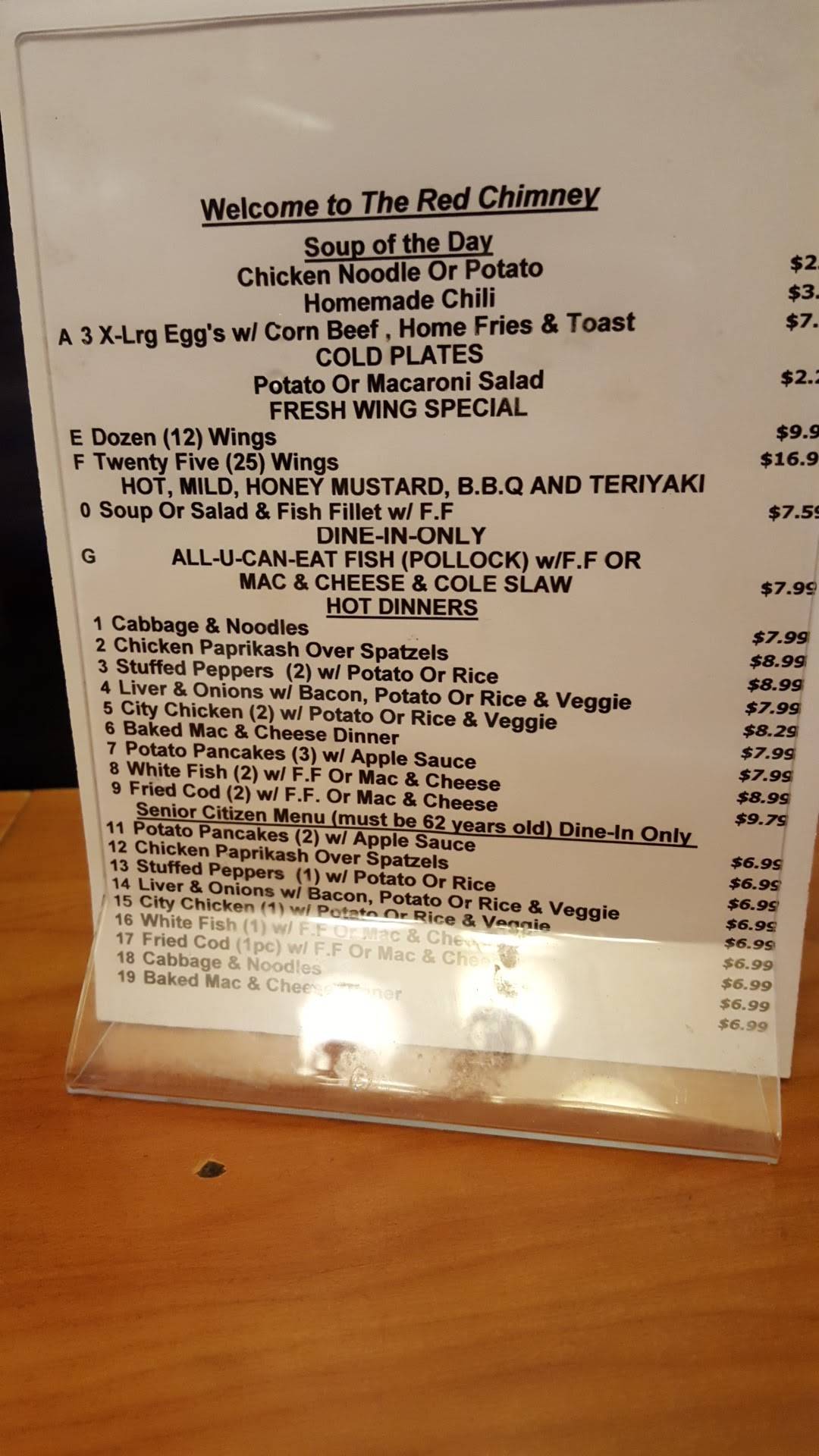 Menu at Red Chimney restaurant, Cleveland