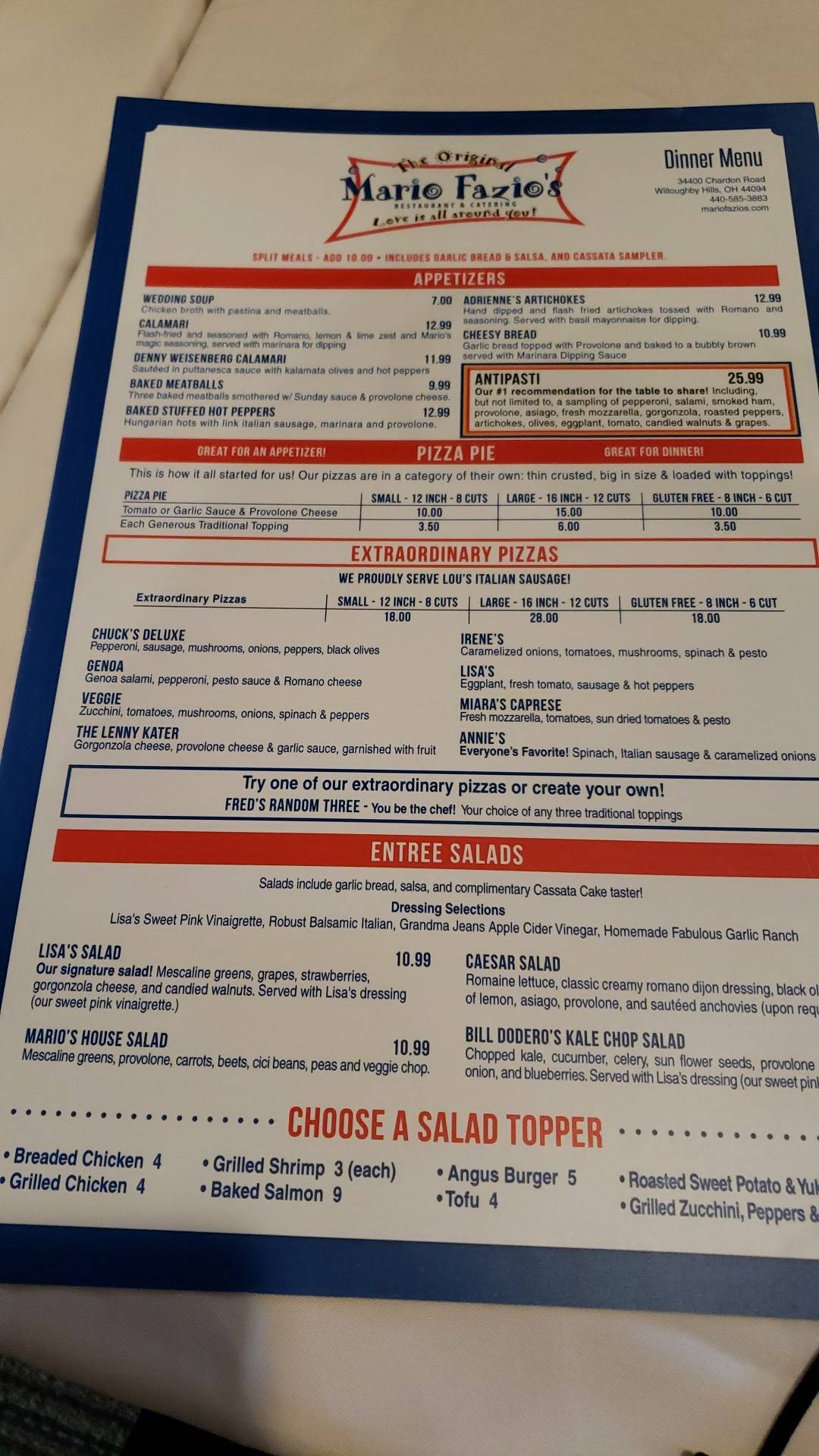 Menu at The Original Mario Fazio’s restaurant, Willoughby Hills