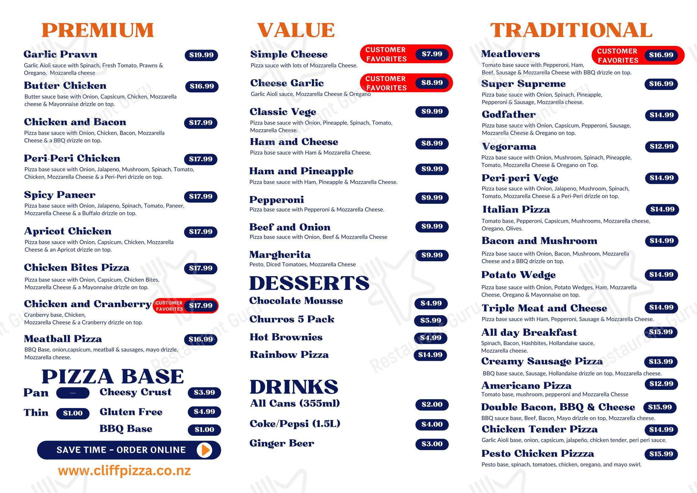 Menu at Cliff Pizza Wanganui restaurant, Whanganui