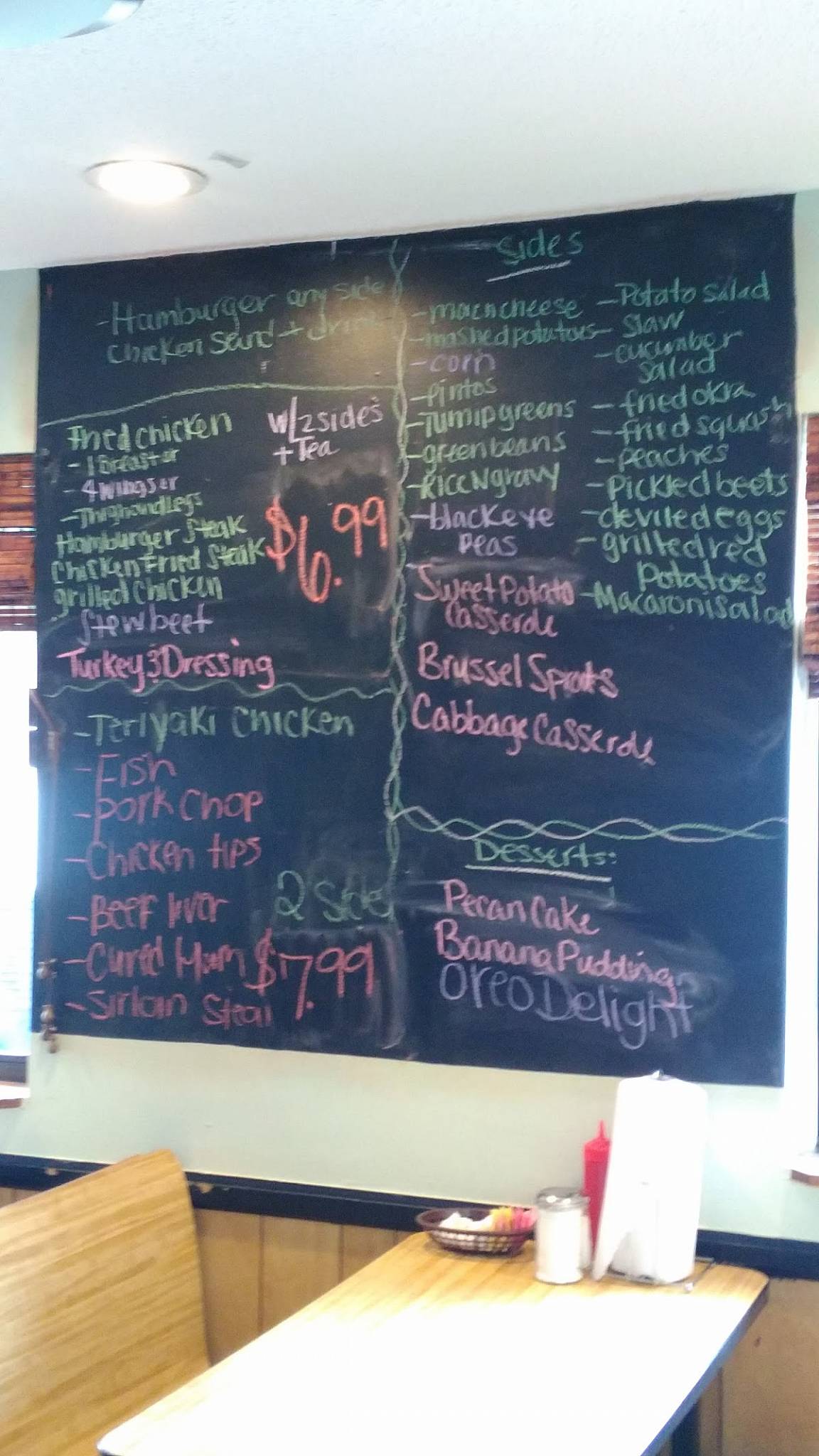 Menu at Victoria's Diner restaurant, Clover