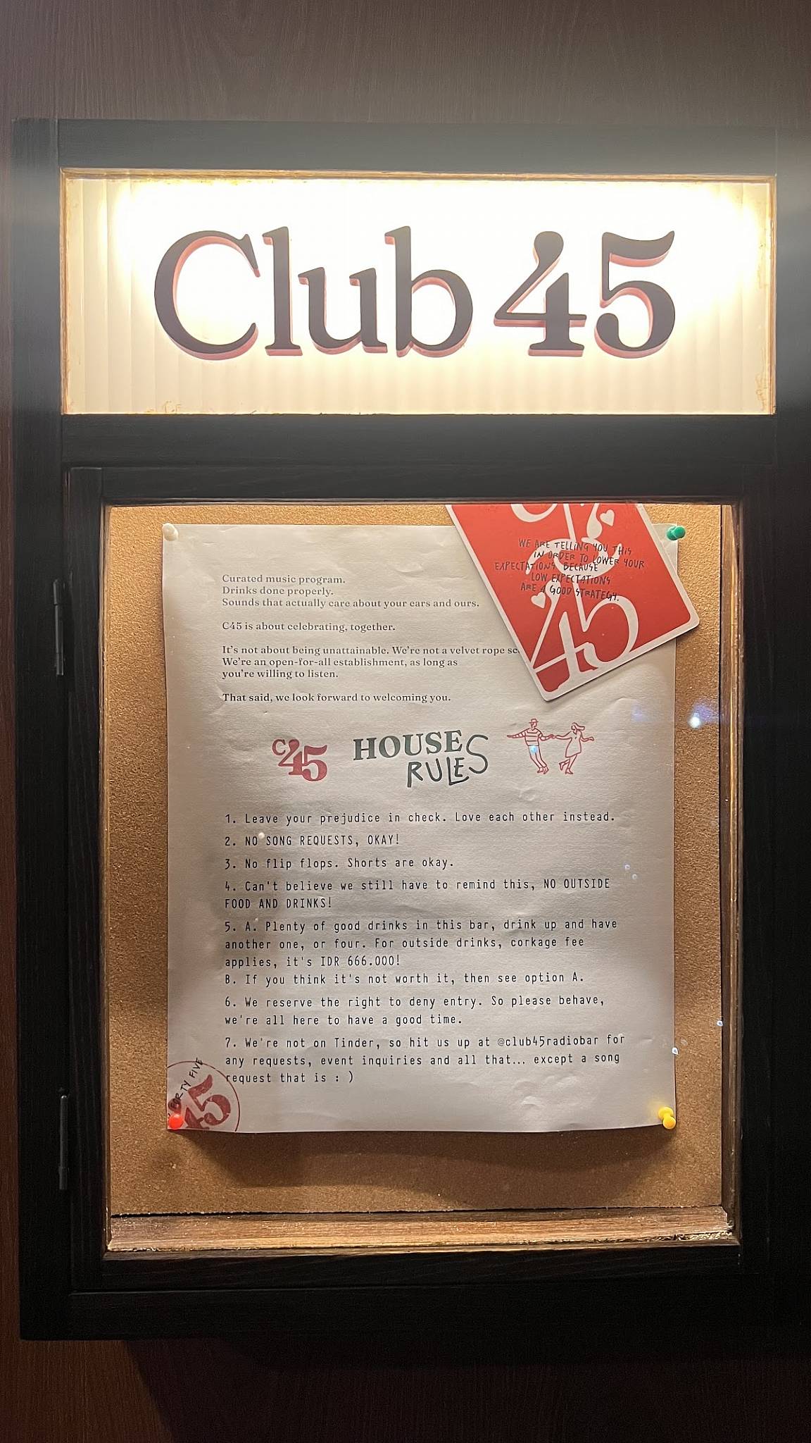 Menu at Club 45, South Jakarta
