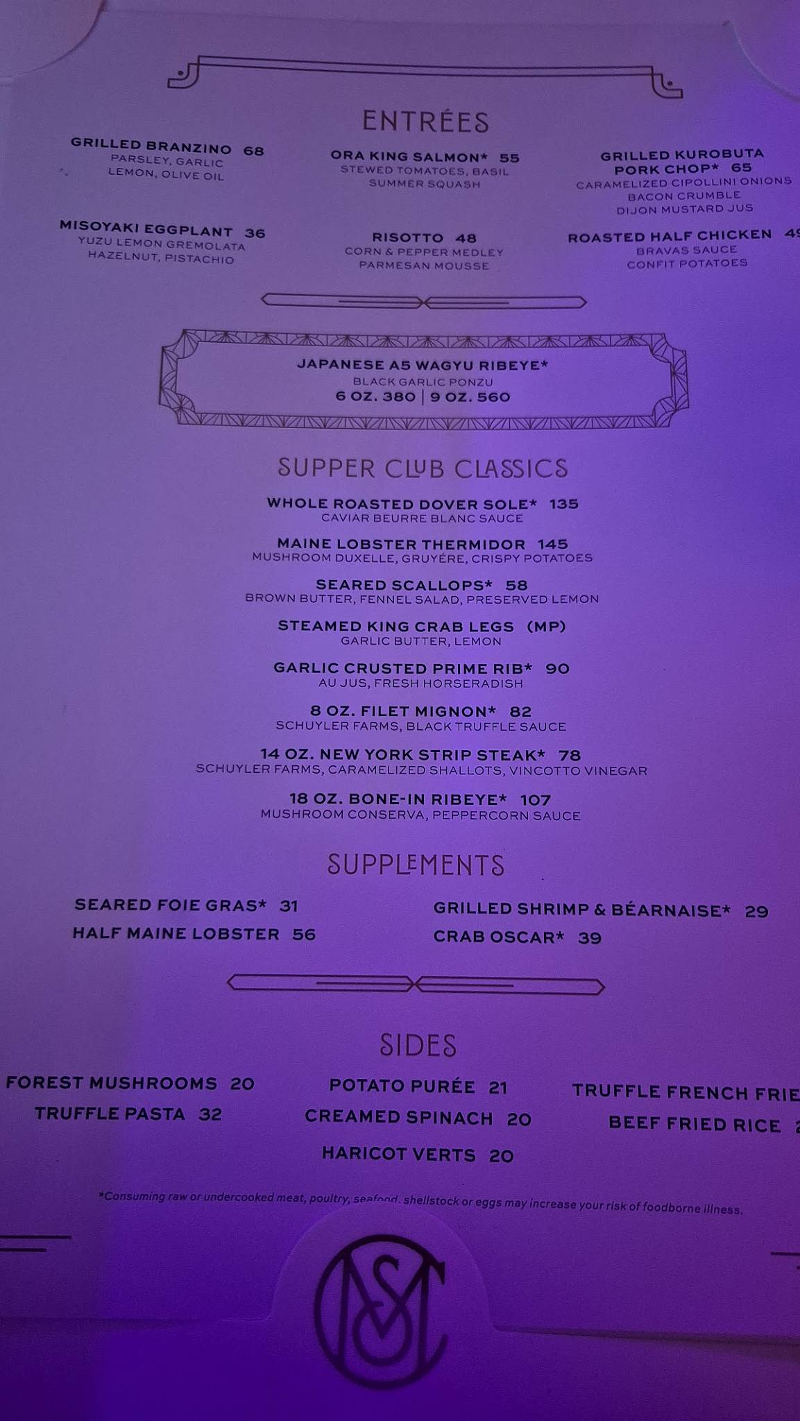 Menu at The Mayfair Supper Club, Las Vegas