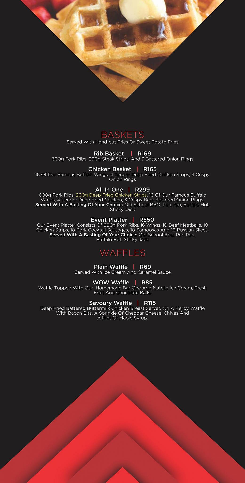 Menu at The Other Venue club, Bloemfontein