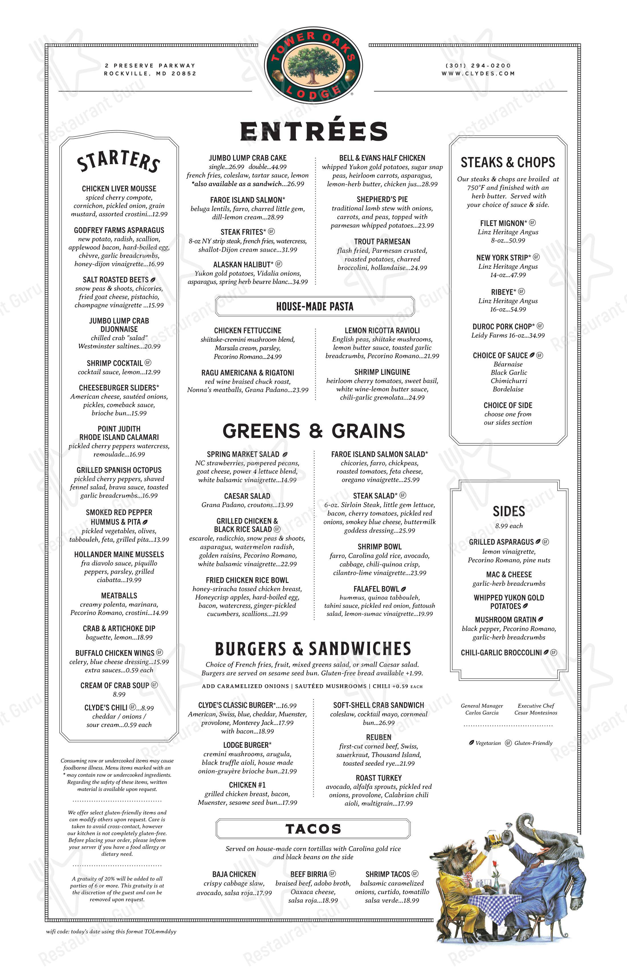 Menu at Clyde's Tower Oaks Lodge pub & bar, Rockville