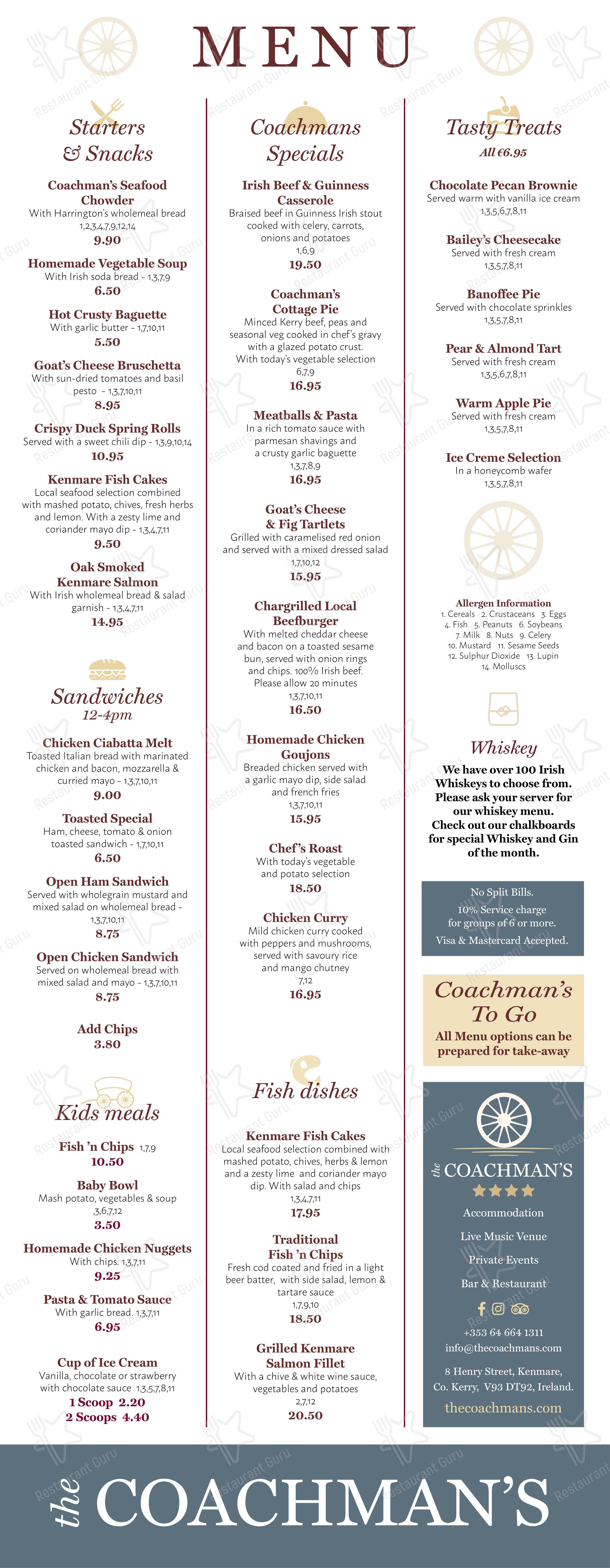 Menu at Coachmans Townhouse Hotel restaurant, Kenmare