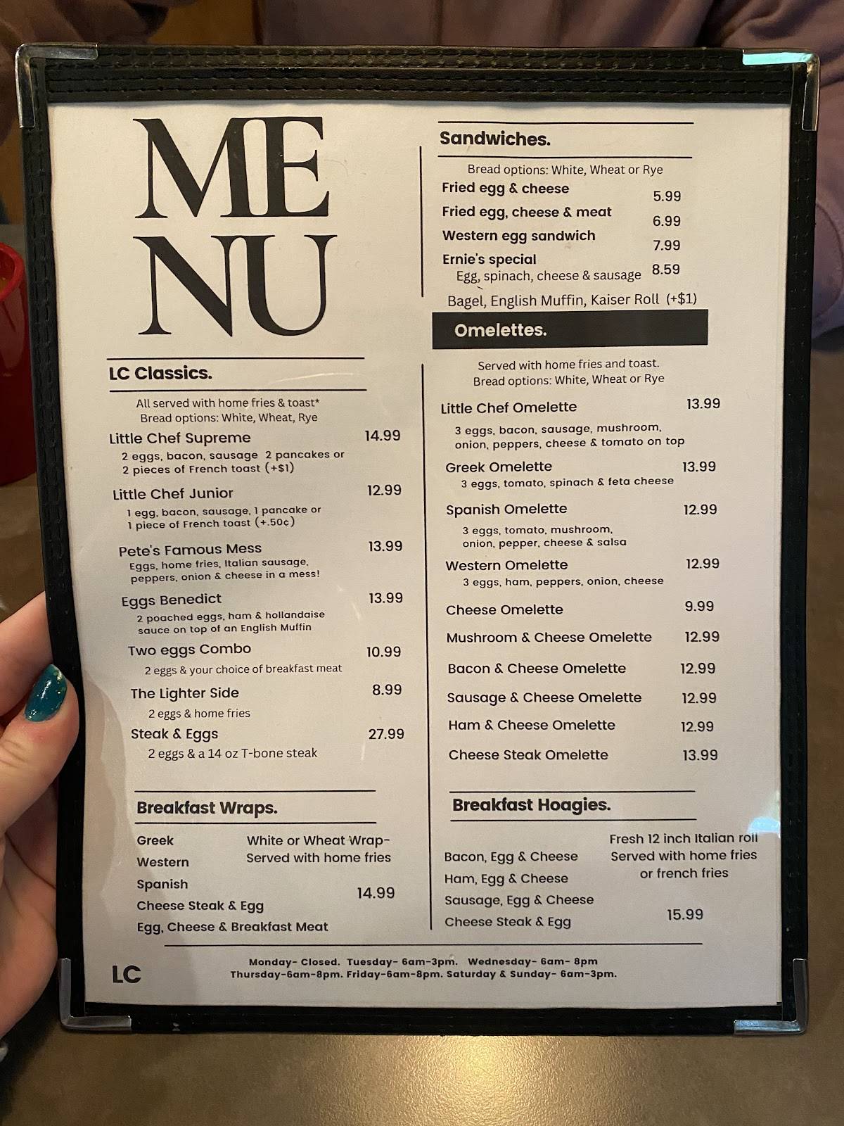Menu at Little Chef restaurant, Coatesville