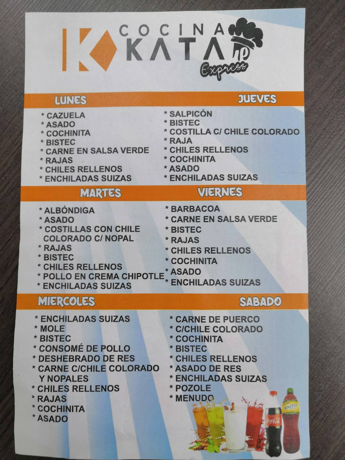 Menu at Cocina Kata restaurant, Culiacán