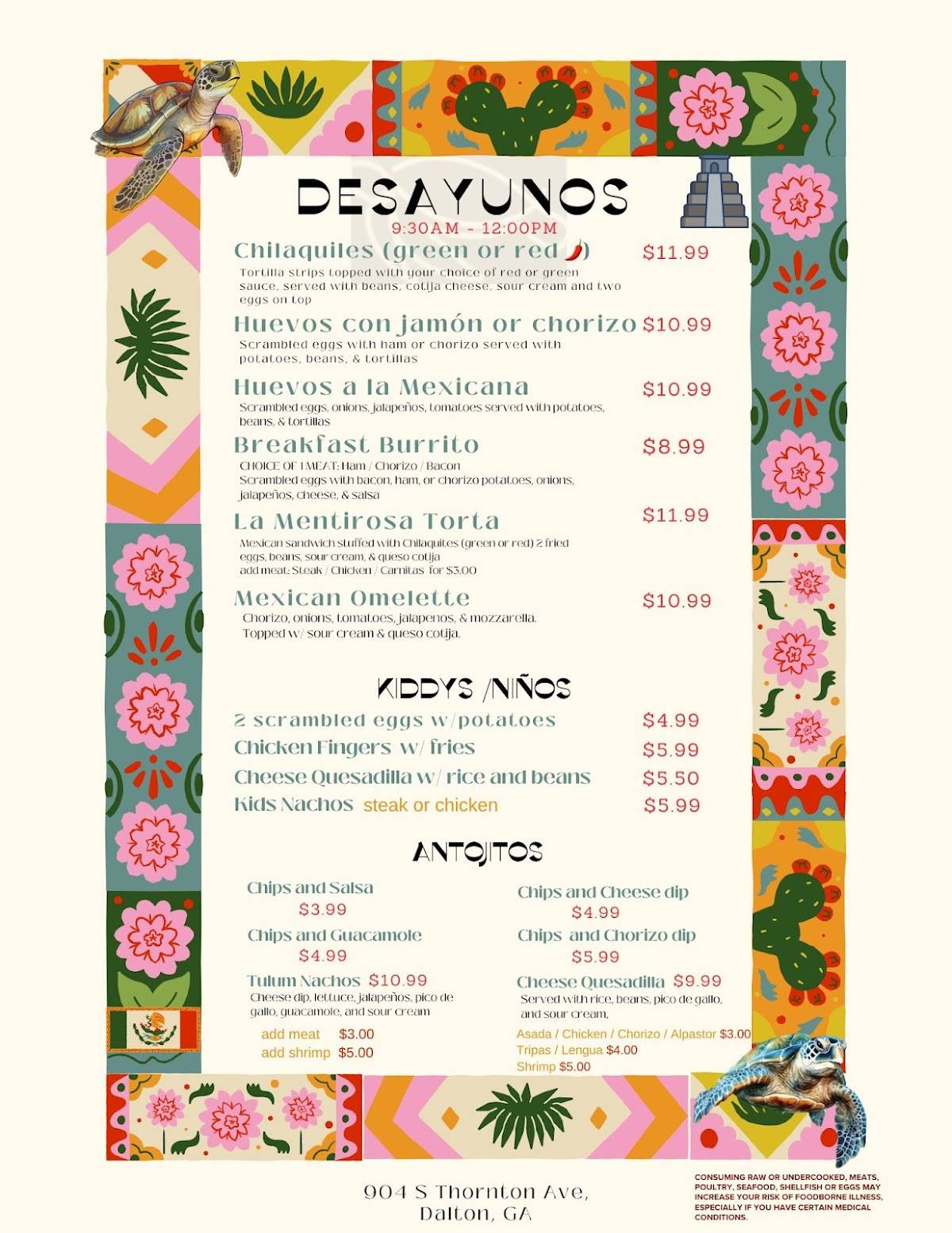 Menu at Cocina Tulum restaurant, Dalton