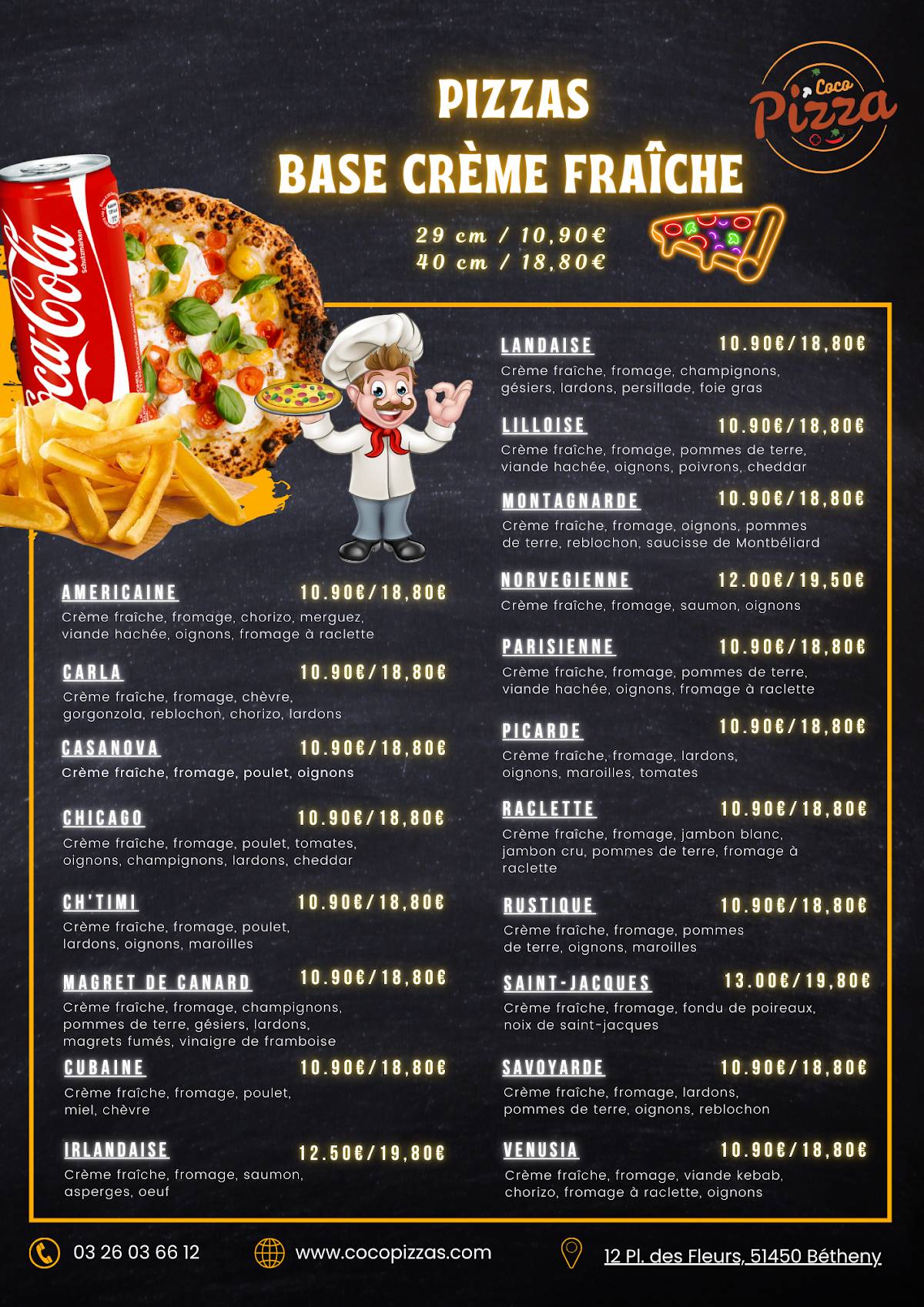 Menu au Coco Pizzas pizzeria, Bétheny
