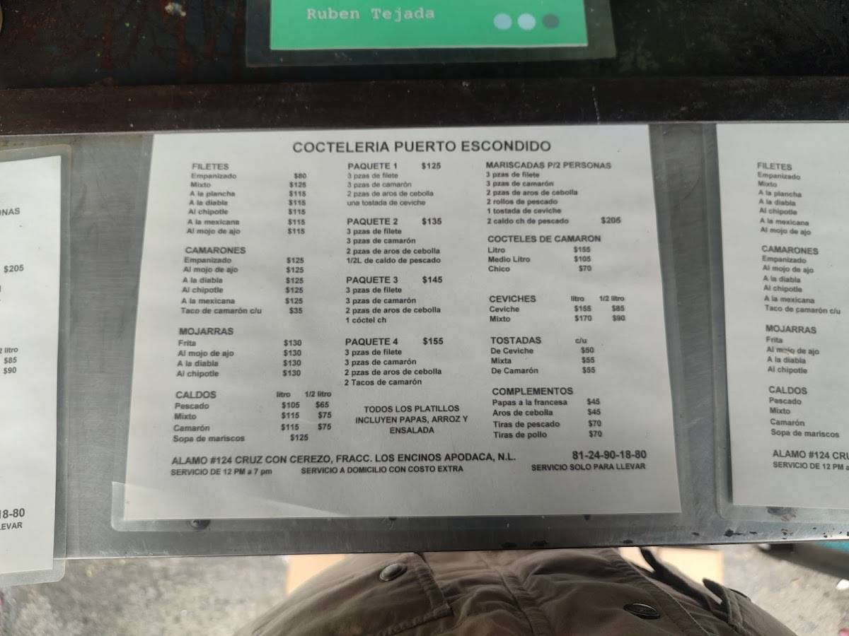 Menu at Coctelería Puerto Escondido restaurant, Ciudad Apodaca