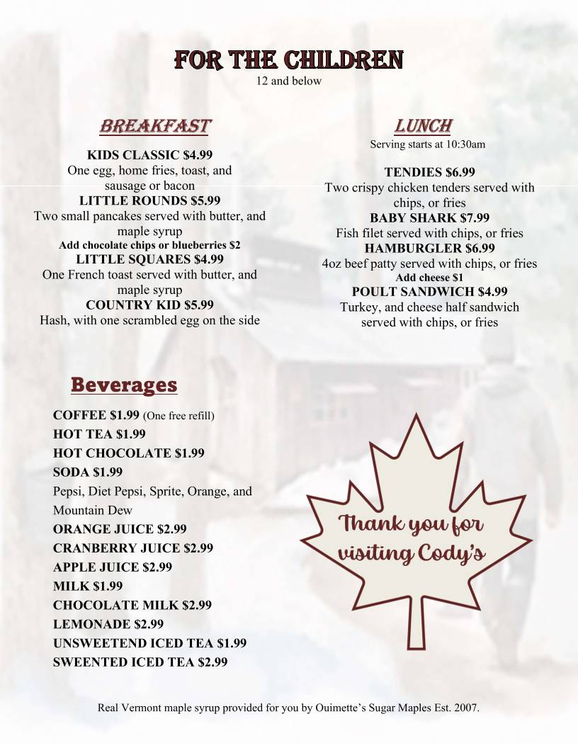 Menu at Cody's Cafe, Swanton