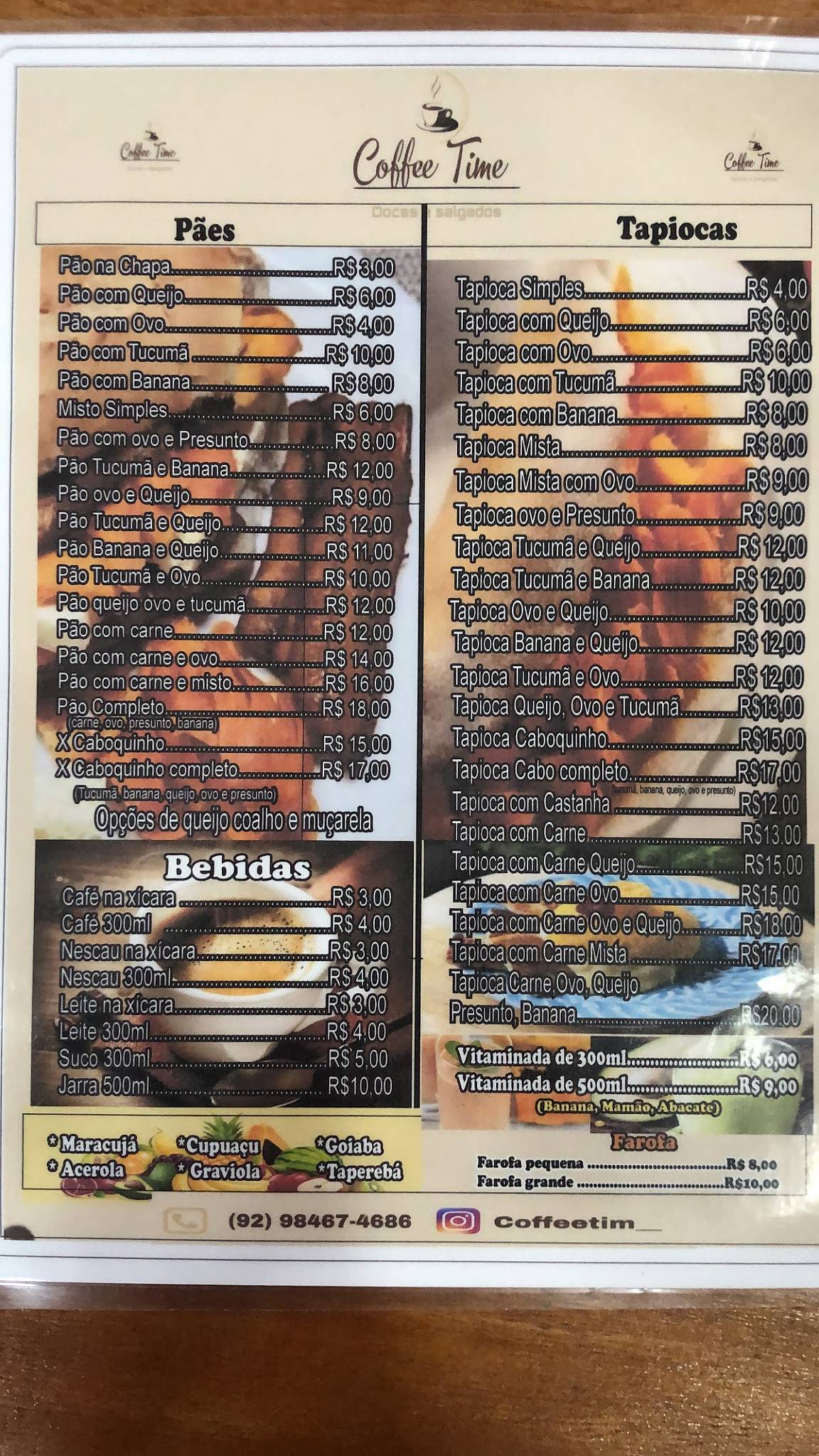 Menu at Coffee Time restaurant, Manaus, R. Cmte. Paulo Varela