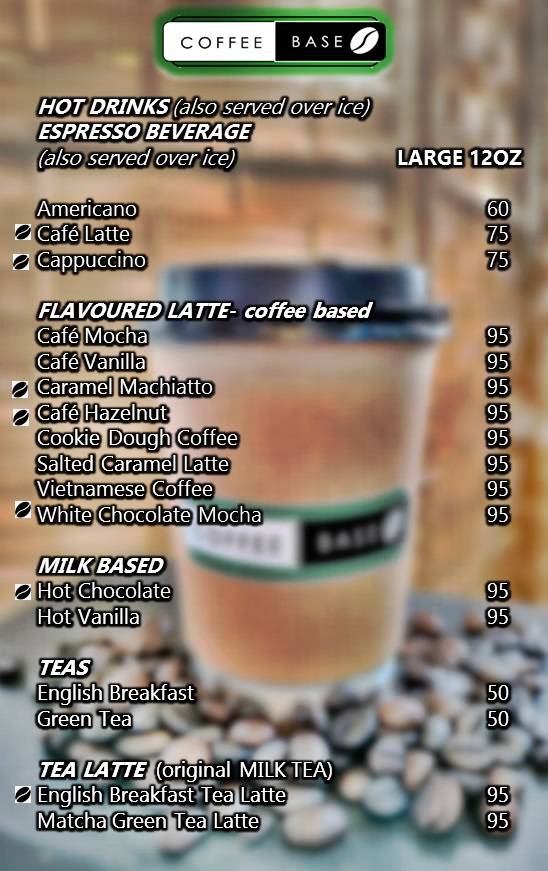 Menu at Coffee Base, San Pablo City