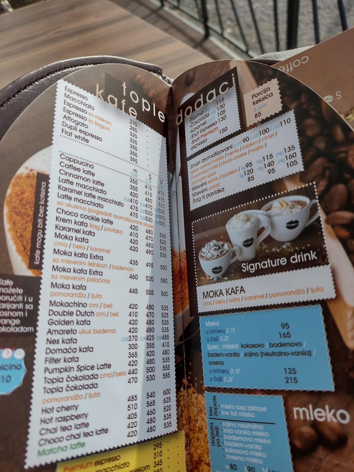 Menu at Coffee Dream cafe, Belgrade, Bulevar Milutina Milankovića 11v