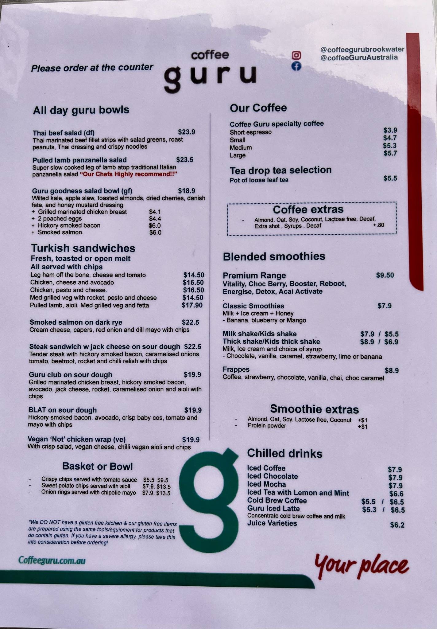 Menu at Coffee Guru Brookwater cafe, Brookwater