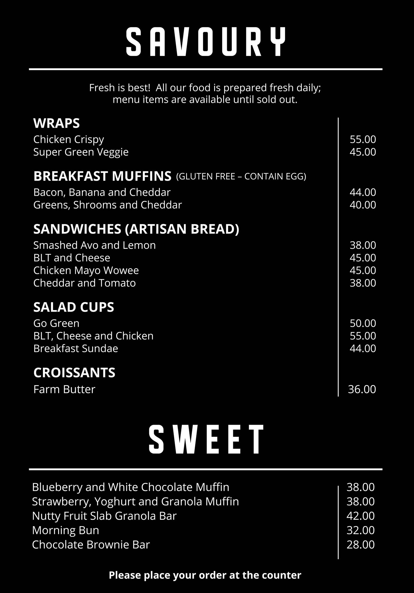 Menu at CoffeeBox Athlone cafe, Pietermaritzburg