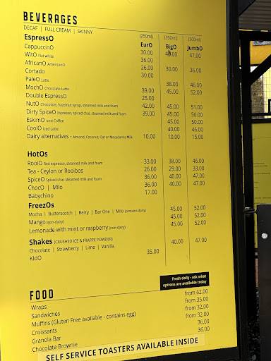 Menu at CoffeeBox Athlone cafe, Pietermaritzburg