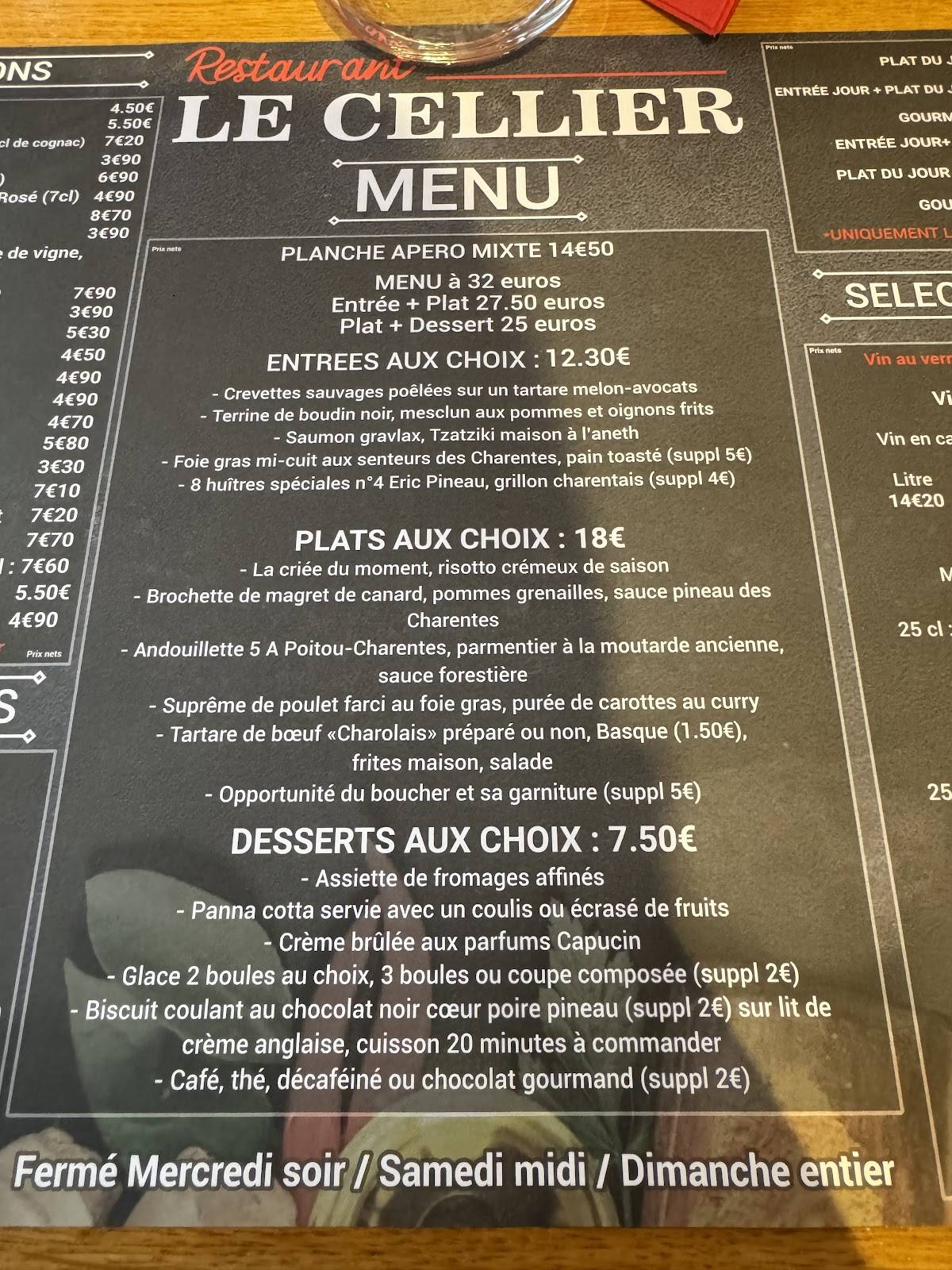 Menu au Le Cellier restaurant, Cognac