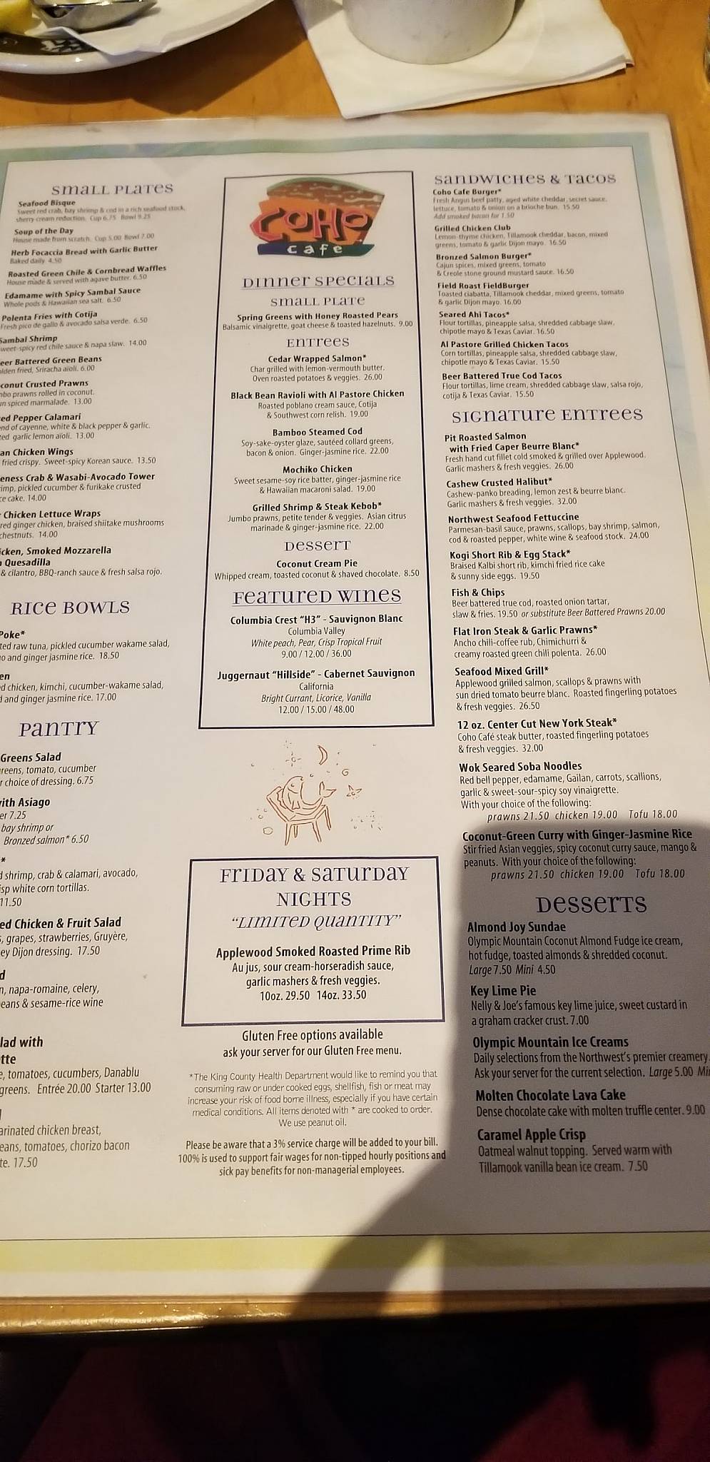 Menu at Coho Cafe, Issaquah