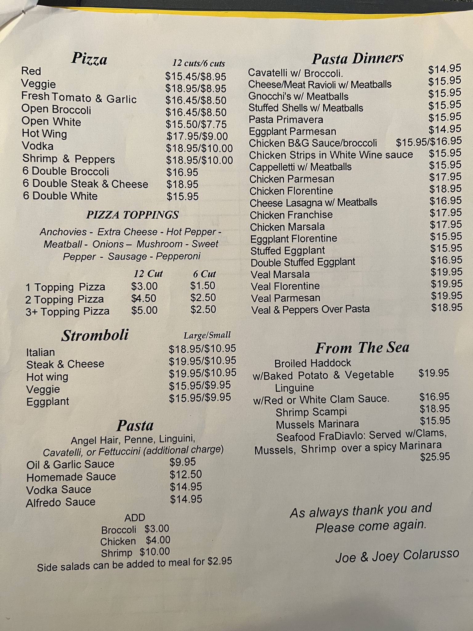 Menu at Colarusso's Cafe, Clarks Summit, 100 E Grove St