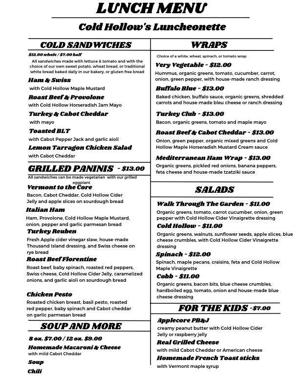 Menu at Cold Hollow Cider Mill cafe, Waterbury Center, Waterbury-Stowe Rd