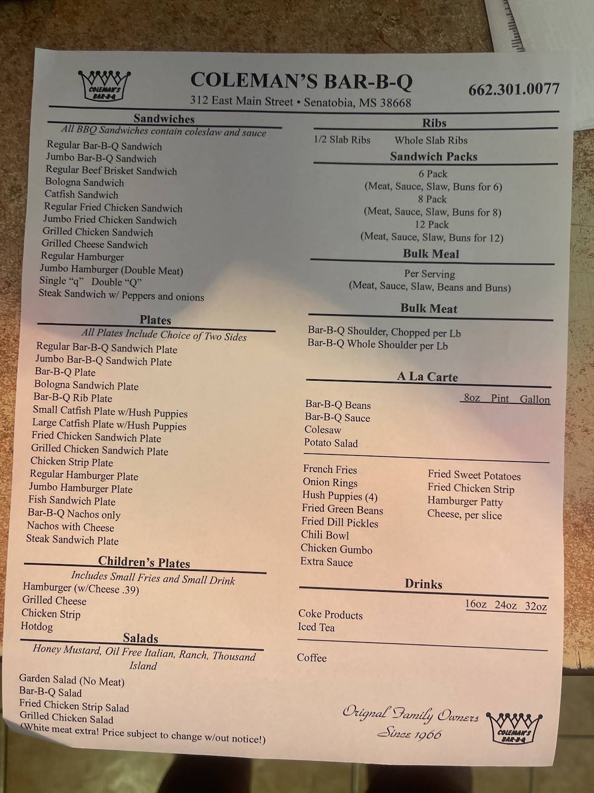 Menu at Coleman's Bar-B-Q,LLC, Senatobia