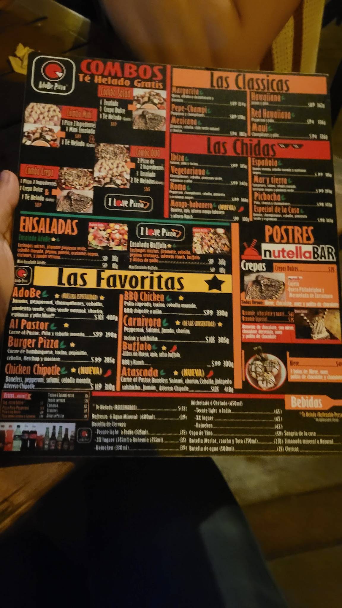 Carta de pizzería Adobe pizza, Colima, Calle Ignacio Sandoval 1652