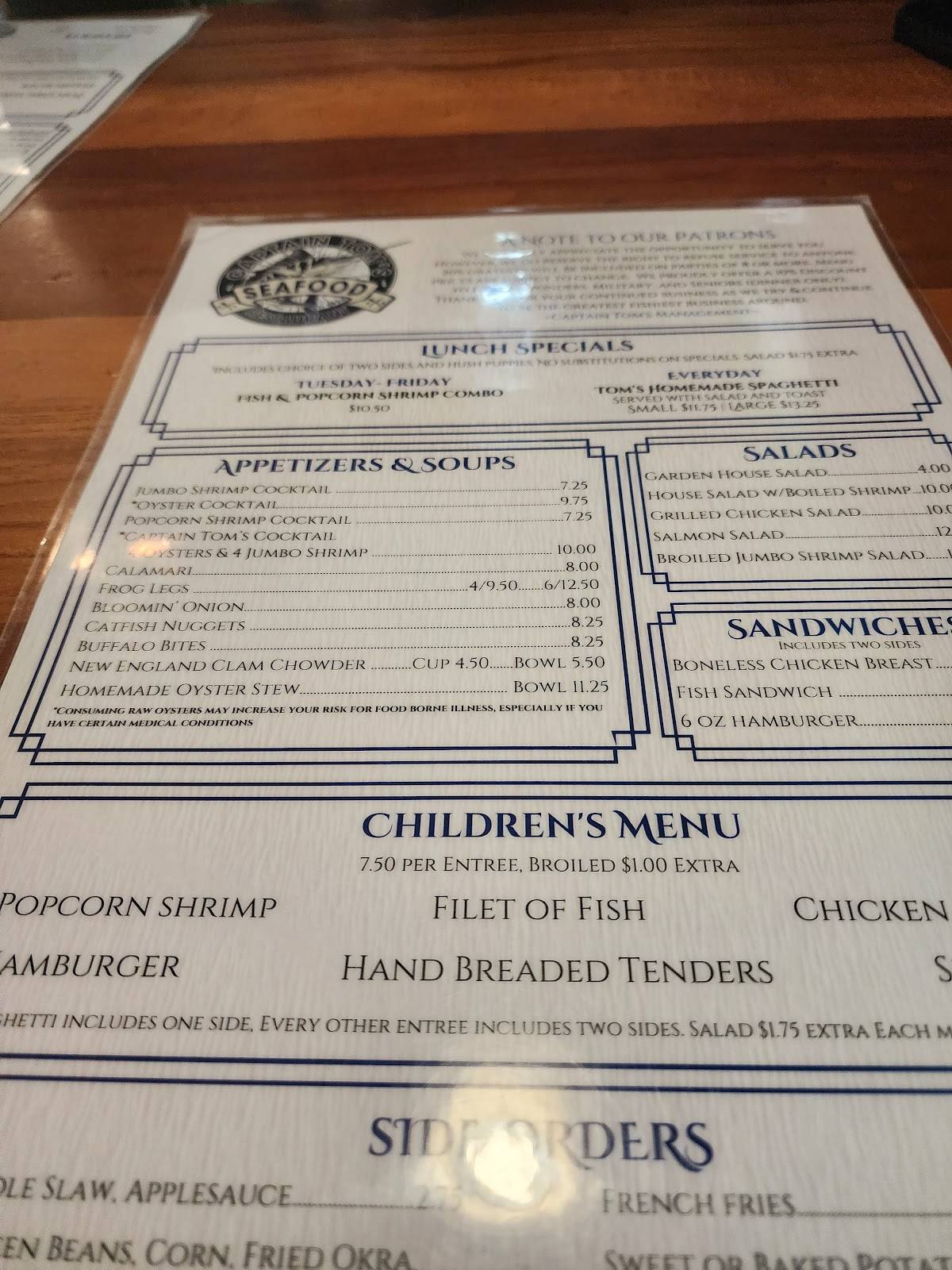 Menu at Captain Tom's Seafood restaurant, Colonial Heights