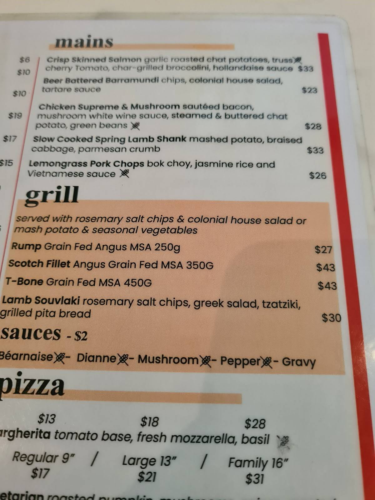 Menu at Colonial Hotel pub & bar, Werrington