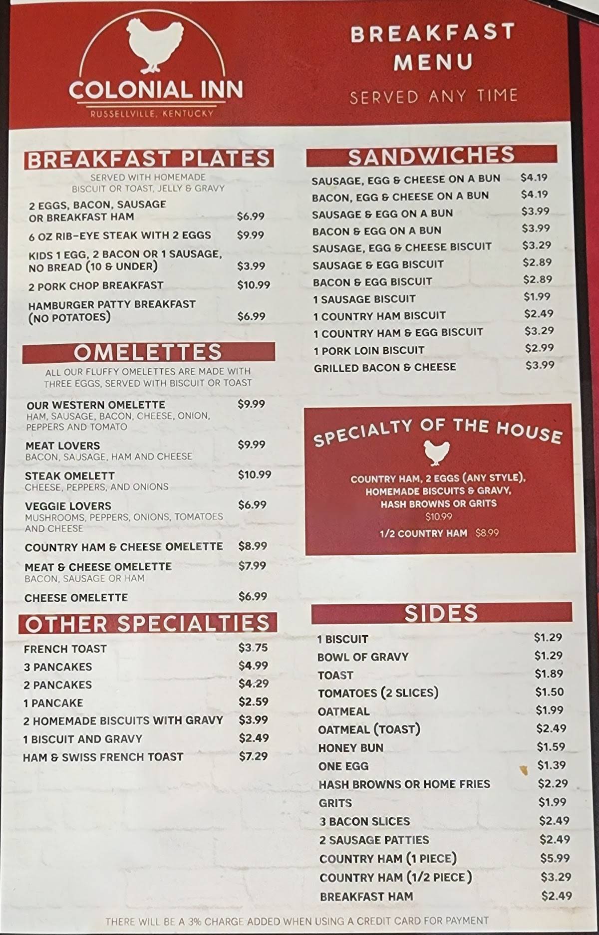 Menu at Colonial Inn restaurant, Russellville, 555 E 9th St