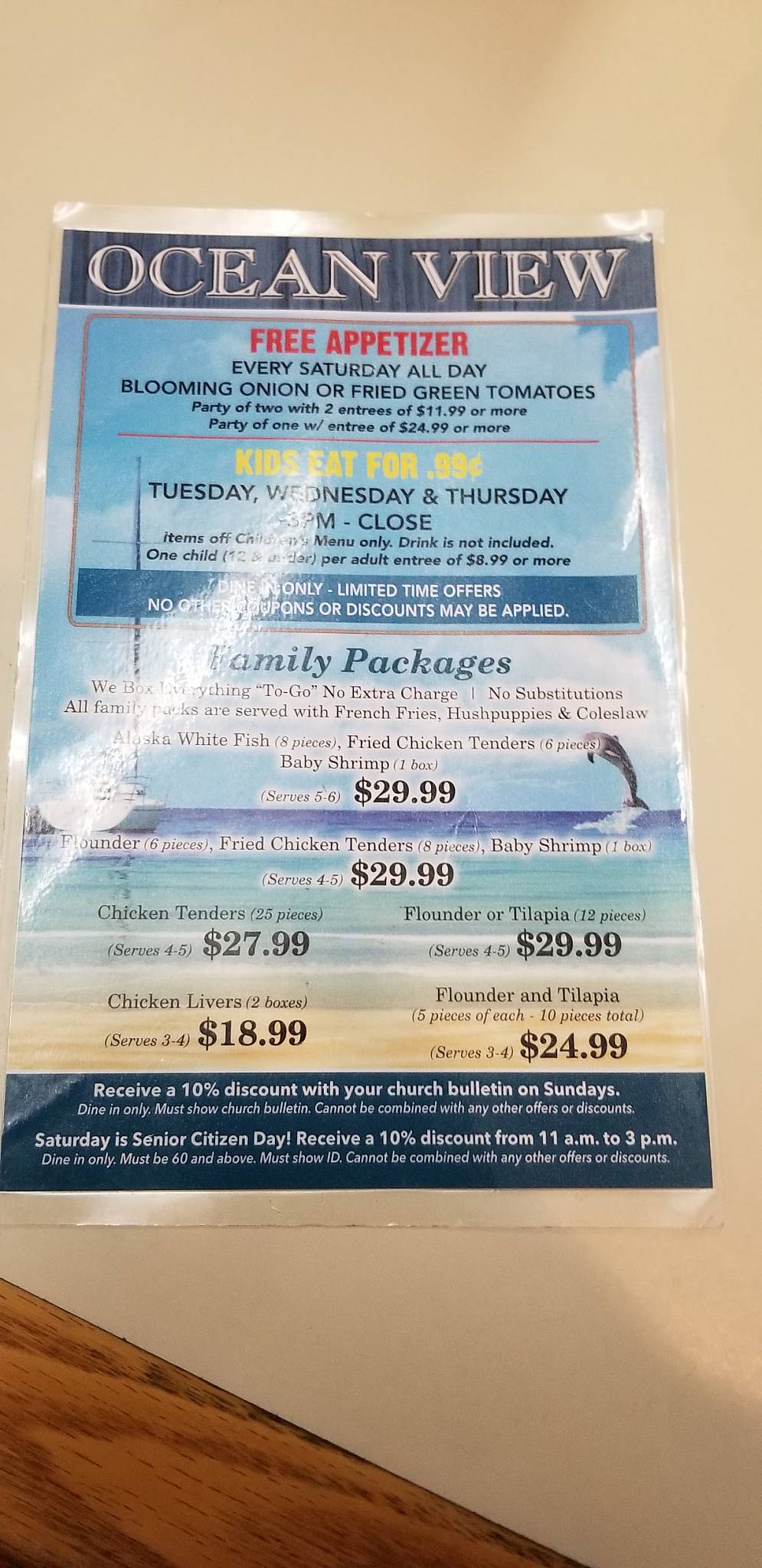 Menu at Ocean View Seafood Restaurant, Columbia, Broad River Rd