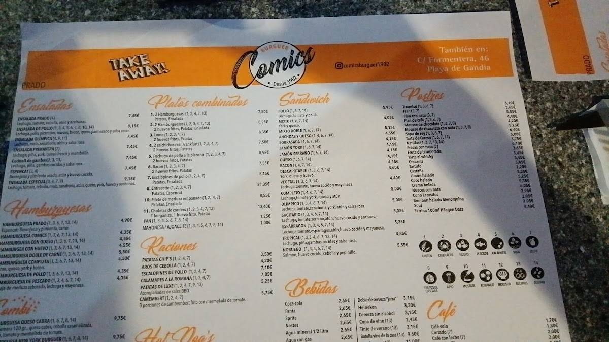Menu at Comics restaurant, Gandia, Pl. del Prado