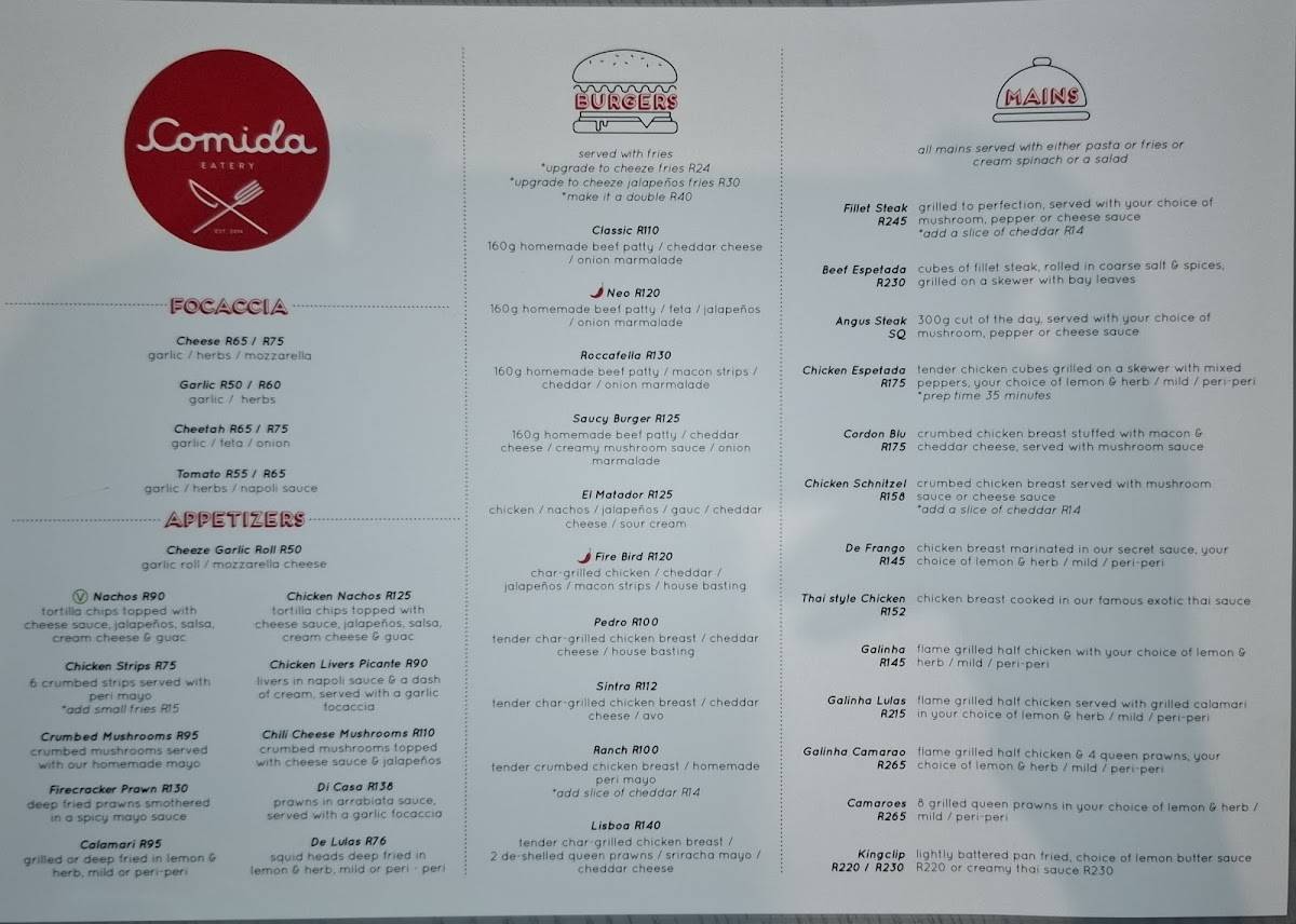 Menu at Comida Eatery restaurant, Berea