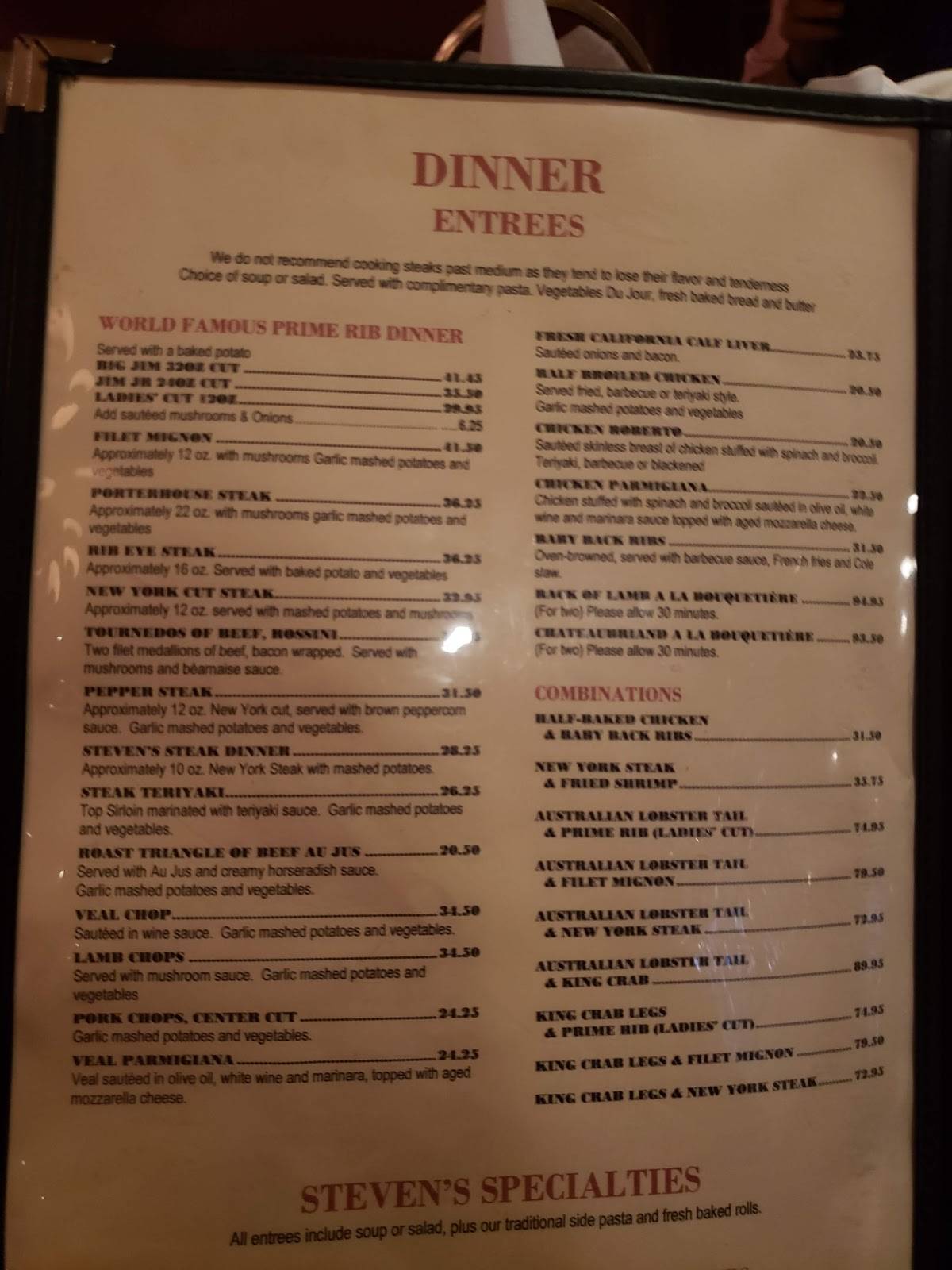Menu at Steven's Steak & Seafood House steakhouse, Commerce