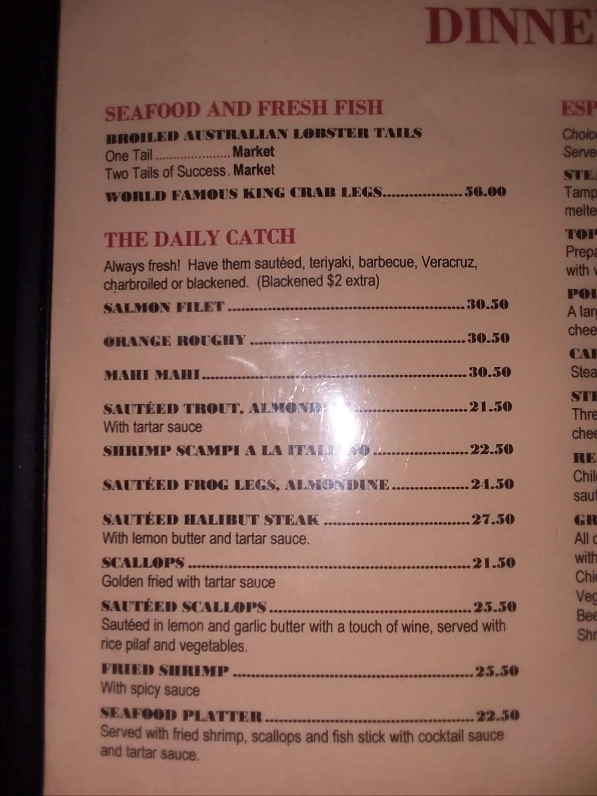 Menu at Steven's Steak & Seafood House steakhouse, Commerce