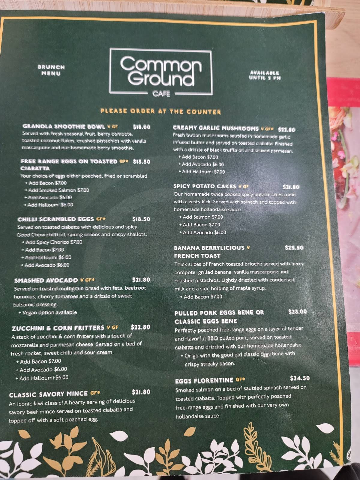 Menu at Common Ground Cafe, Wellington