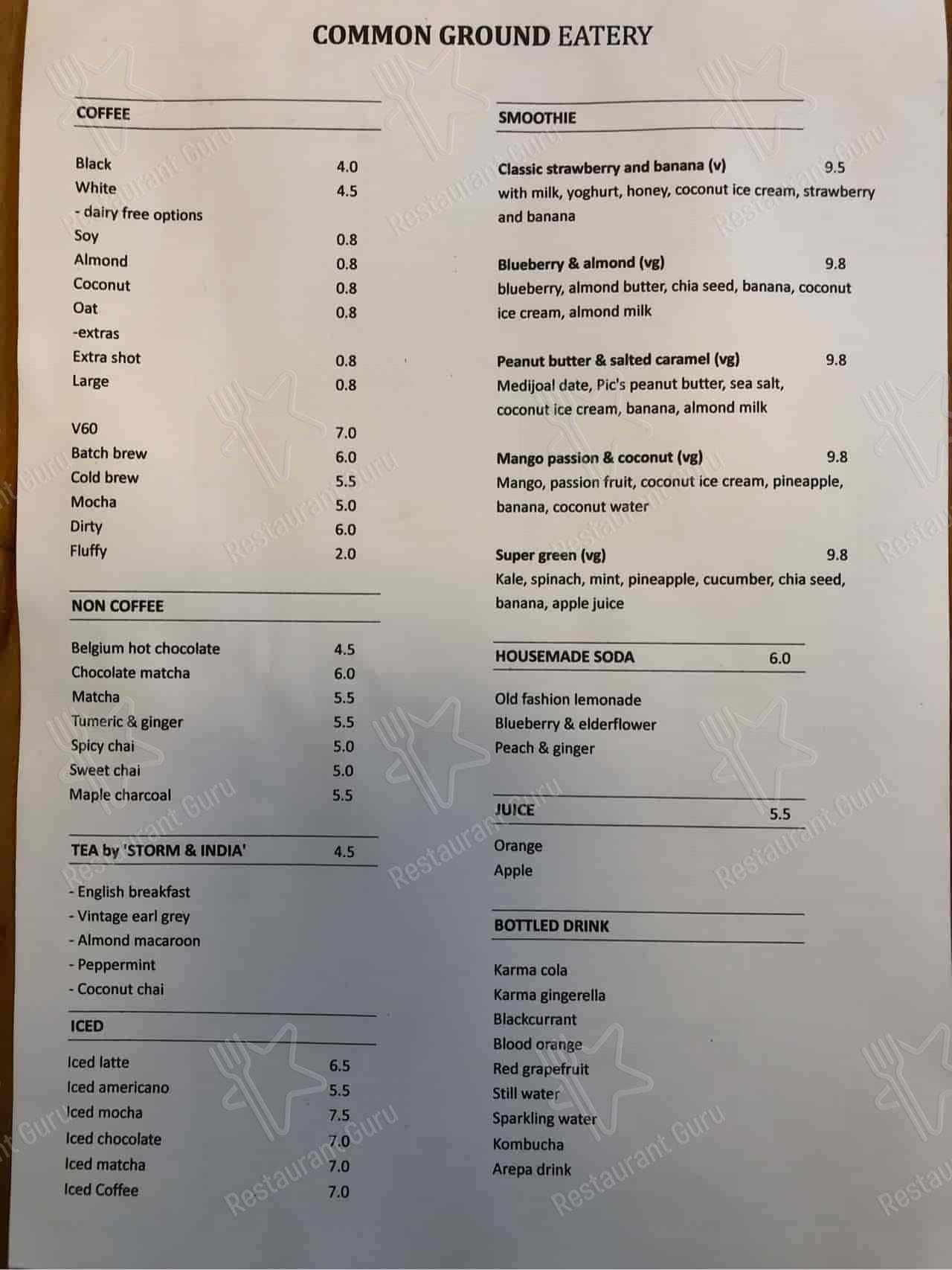 Menu at Common Ground Eatery cafe, Auckland