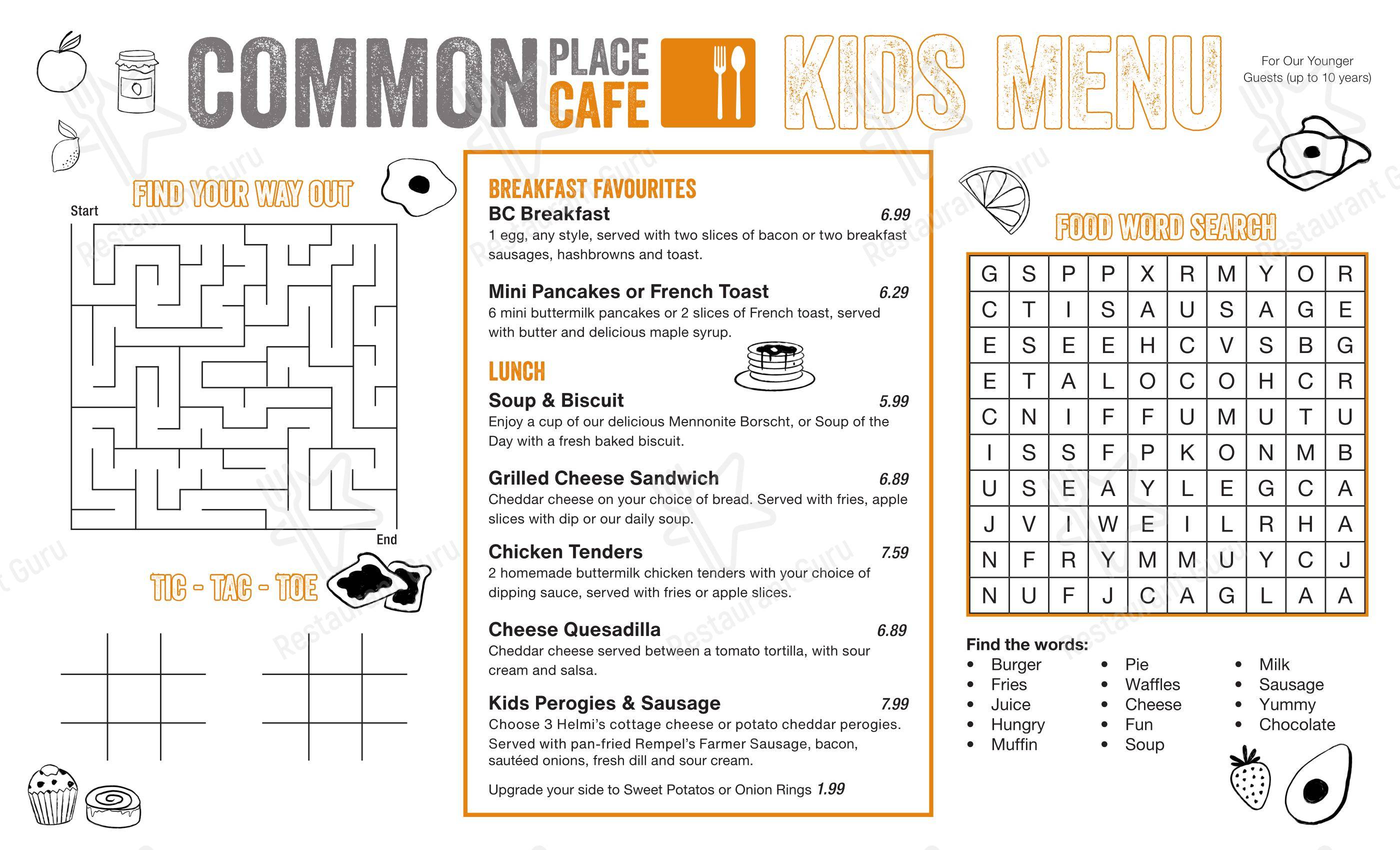 Carta de Common Place Cafe, Abbotsford