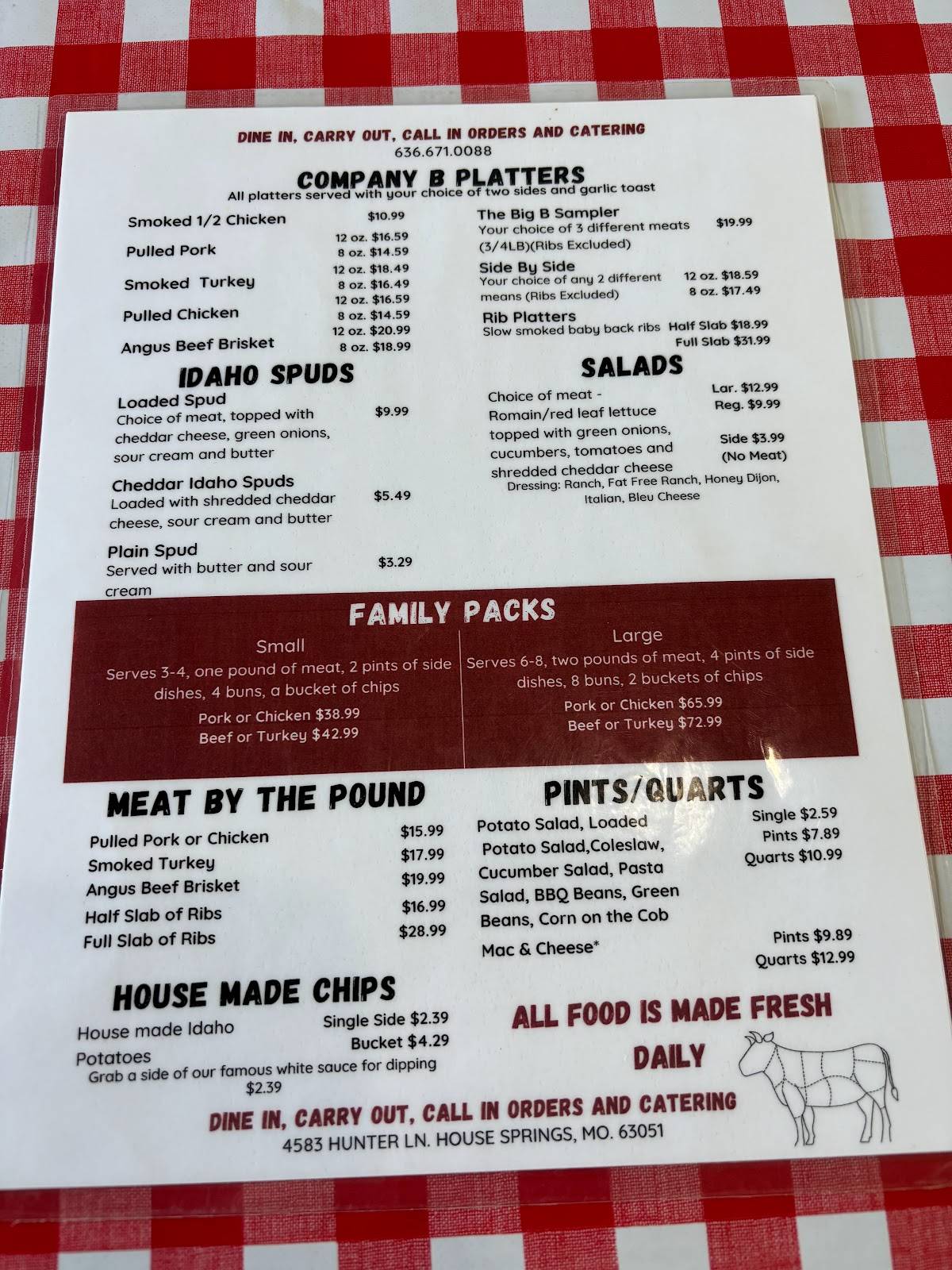 Menu at Company B Bbq, Byrnes Mill