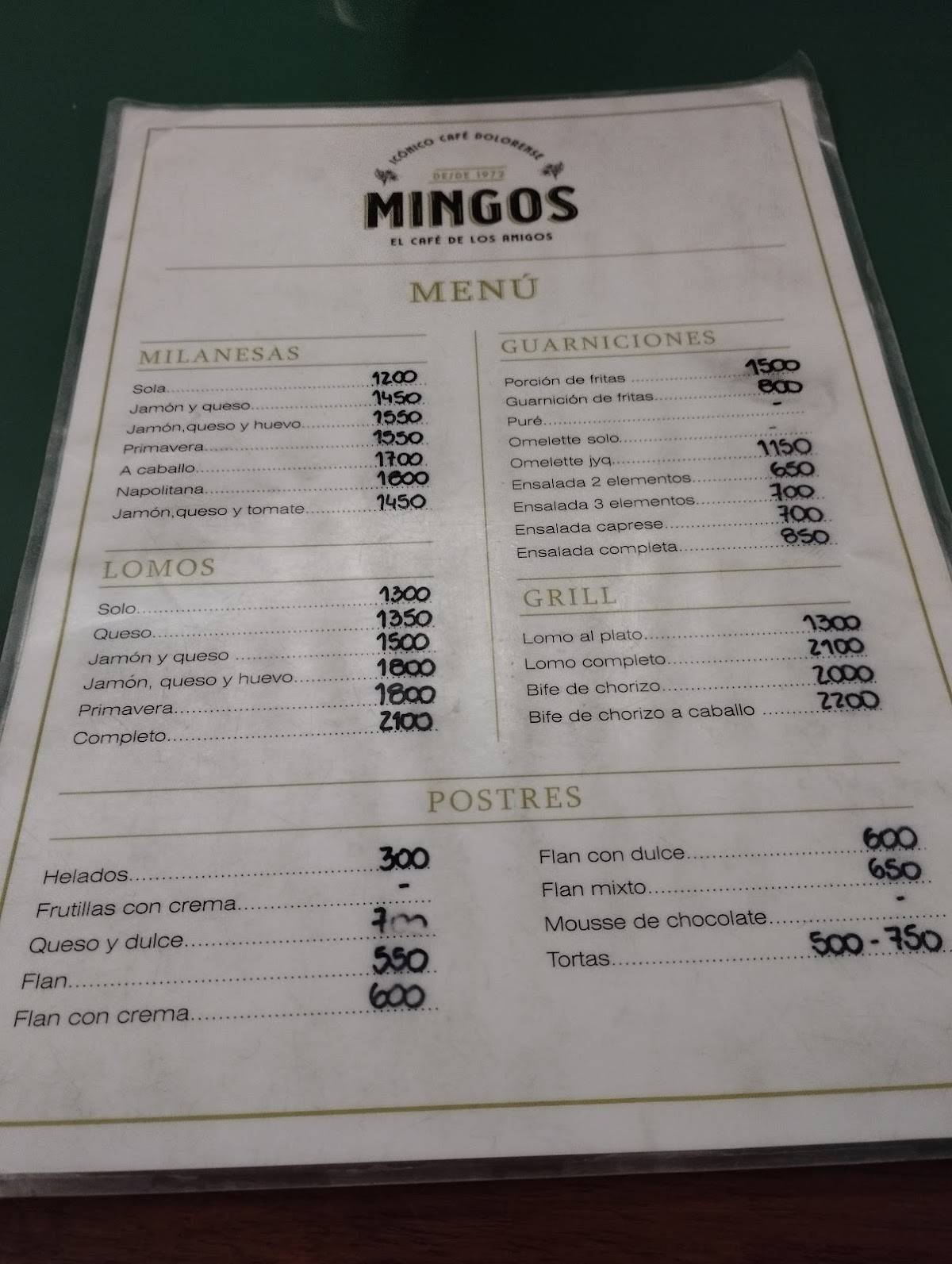 Menu at Confitería Mingo's cafe, Dolores
