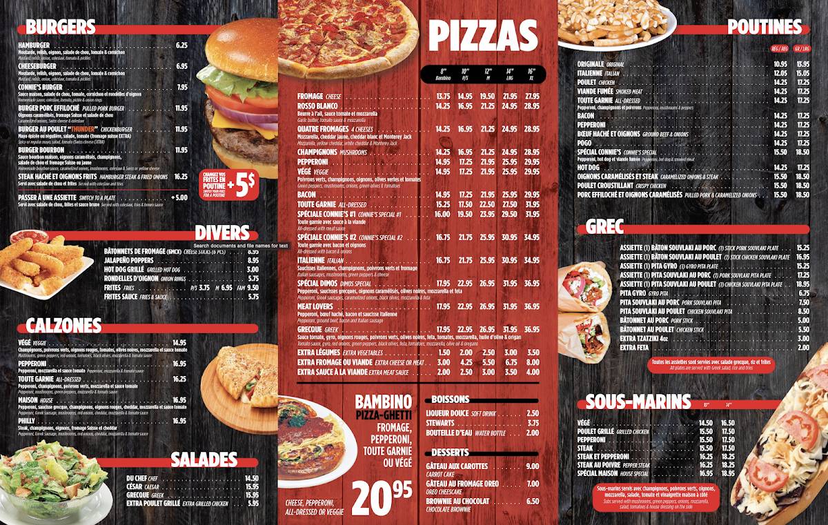 Menu au Connie Pizza pizzeria, Montréal