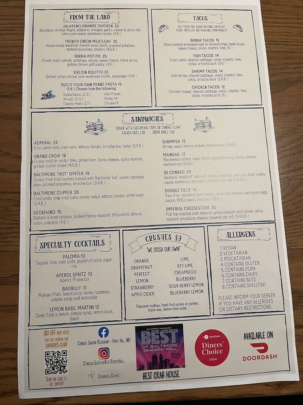 Menu at Conrad's Seafood Restaurant, Perry Hall