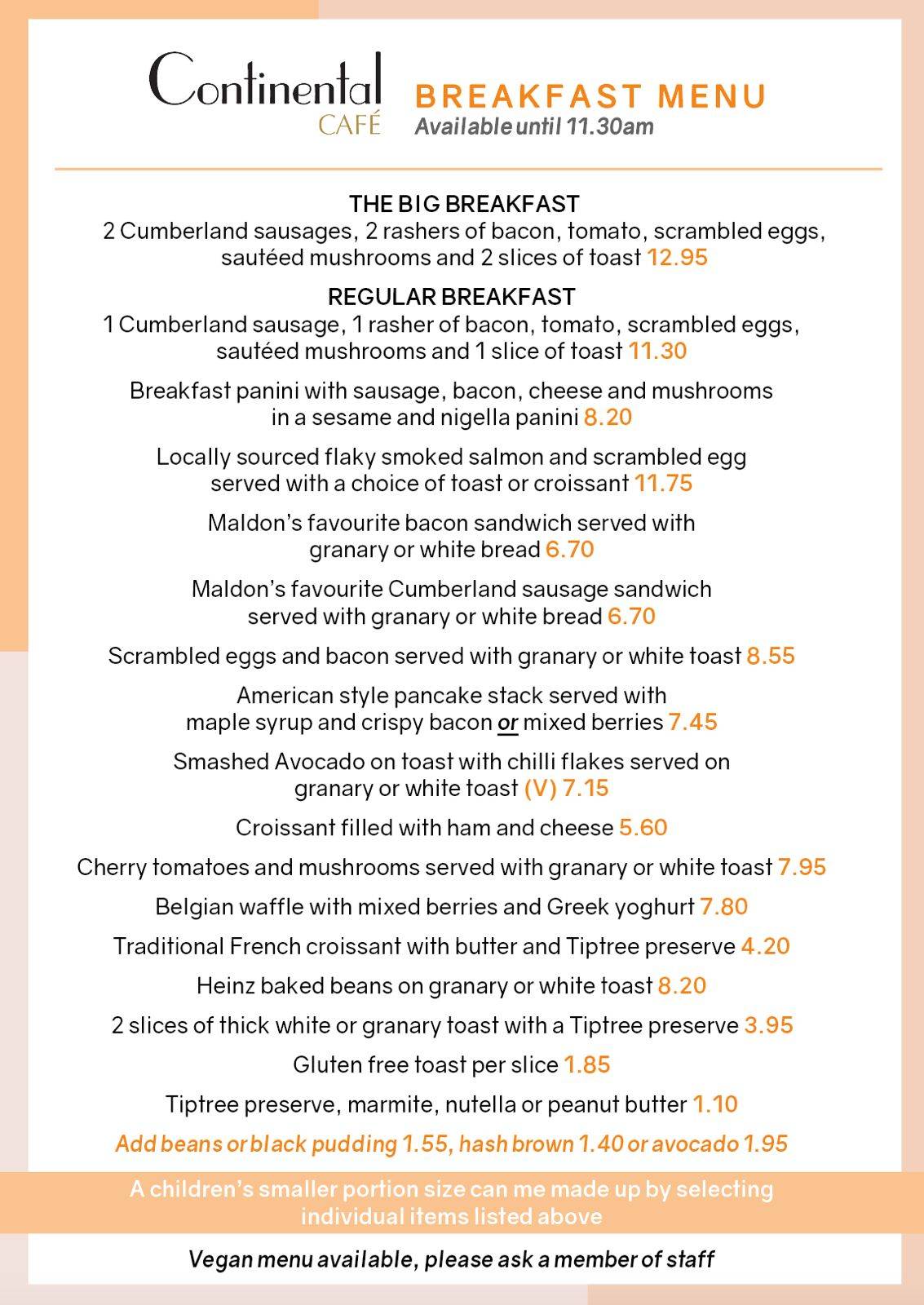 Menu at Continental Café cafe, Maldon