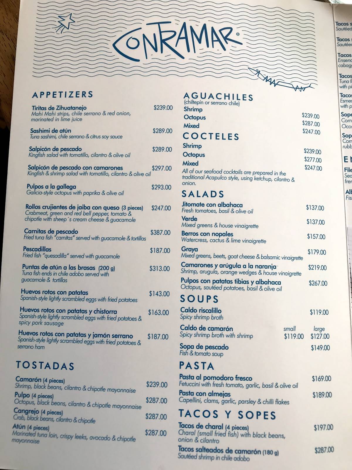 Carta del restaurante Contramar, Ciudad López Mateos, Durango 200
